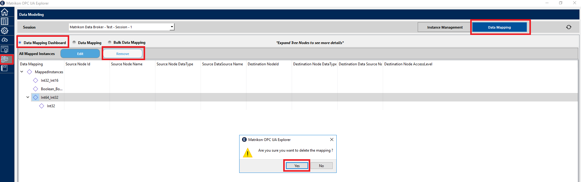 How do I remove mapped instance in Matrikon Data Broker?
